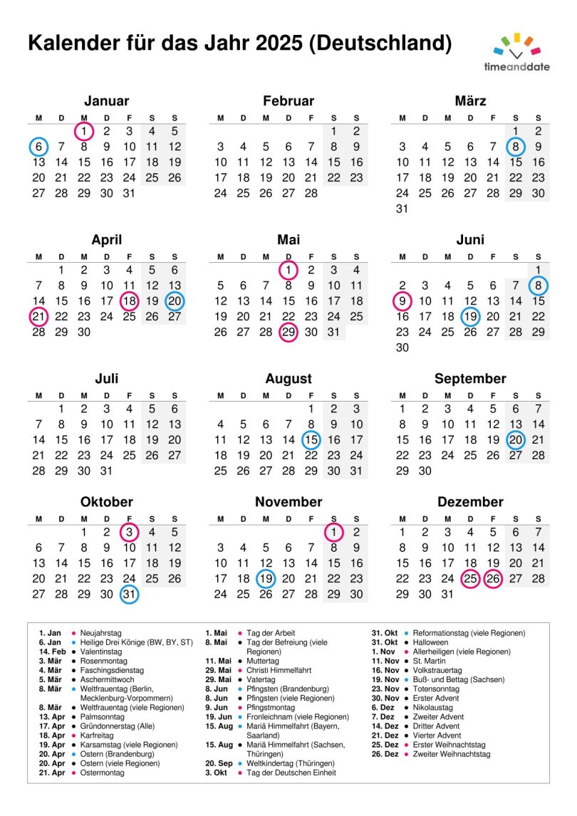 Календарь на 2025 год с праздниками в Германии (для A4) | SlotObzor.com